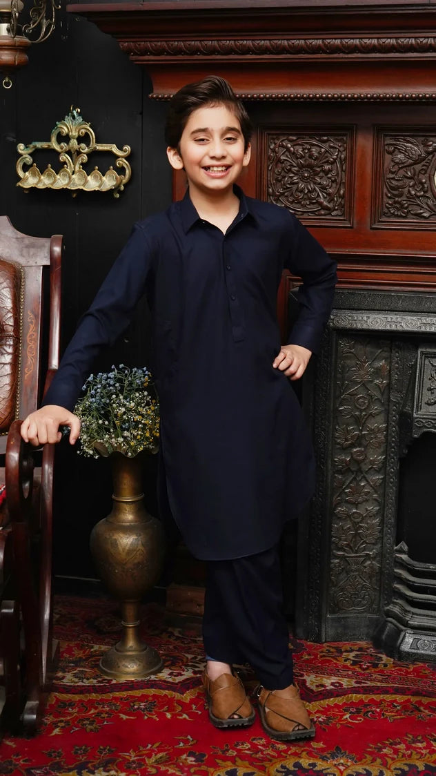 Maqsood Garments - Collar Kid's Wash & Wear Kameez Shalwar - Navy Blue ...